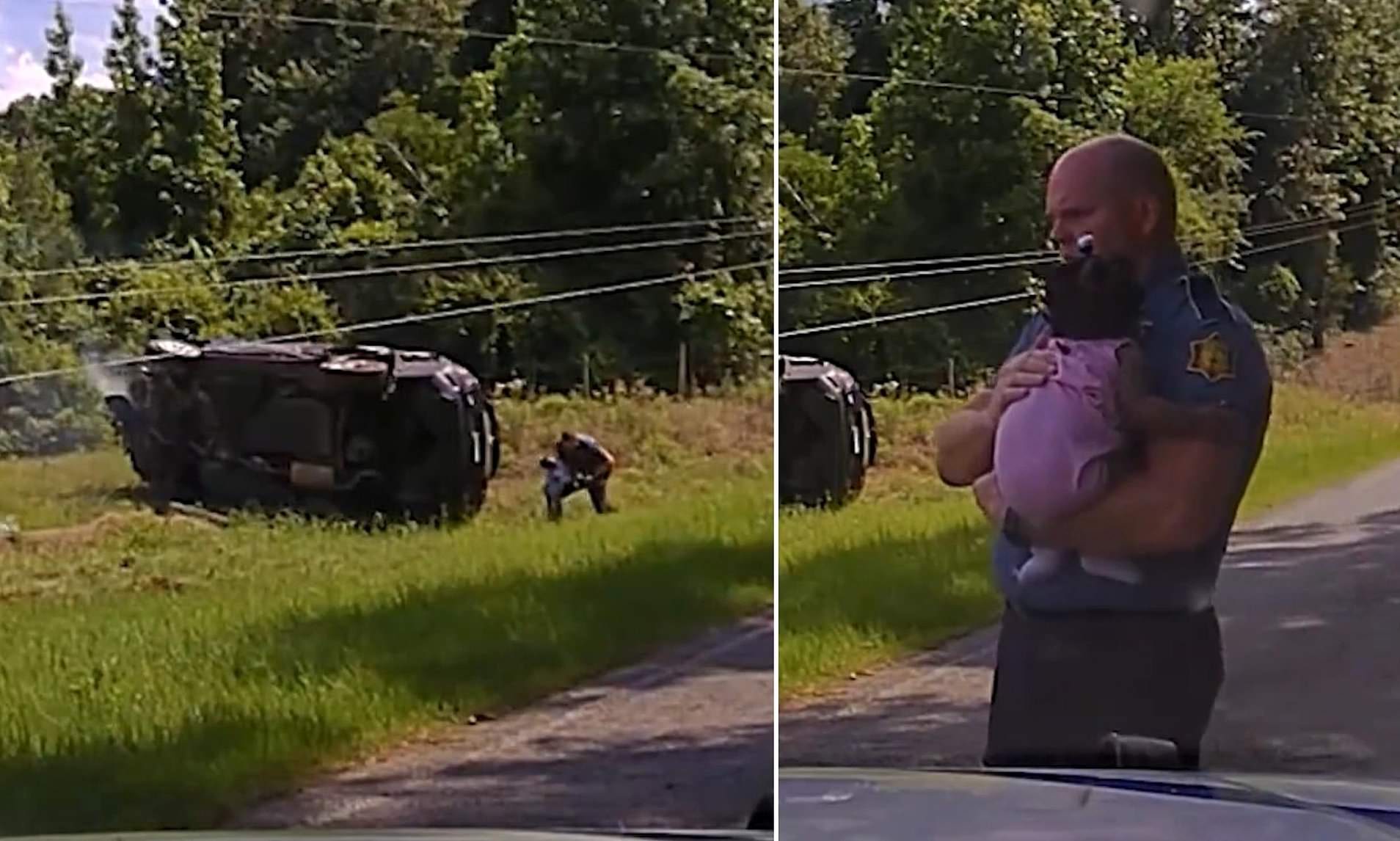 Moment SUV flips over during wild police chase as four-month-old baby ...