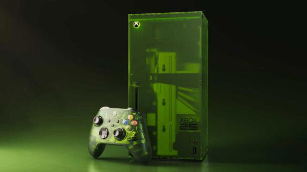 The Xbox Series X25 is a transparent green console and a controller is ...