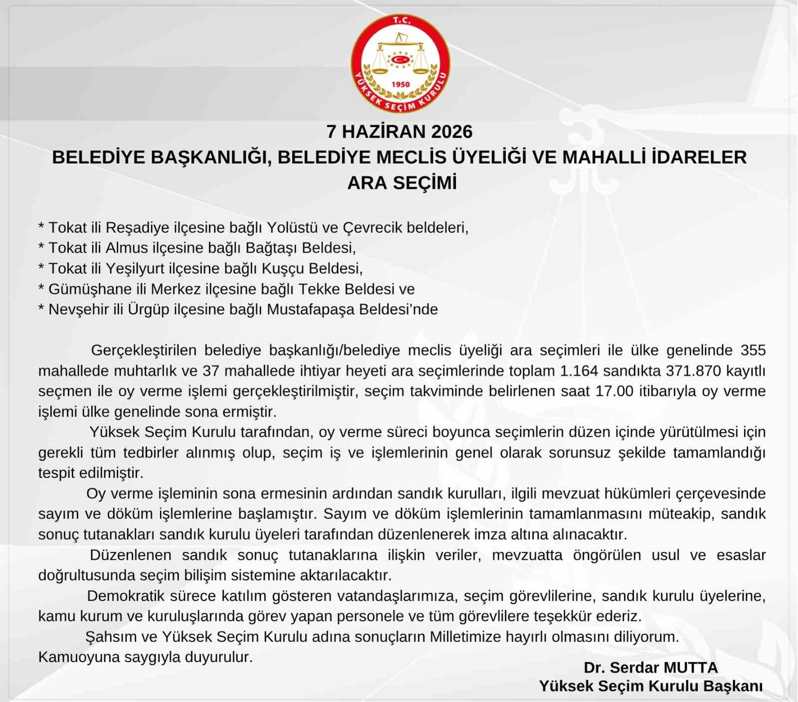 YSK Başkanı Mutta: "Yüksek Seçim Kurulu adına sonuçların milletimize ...