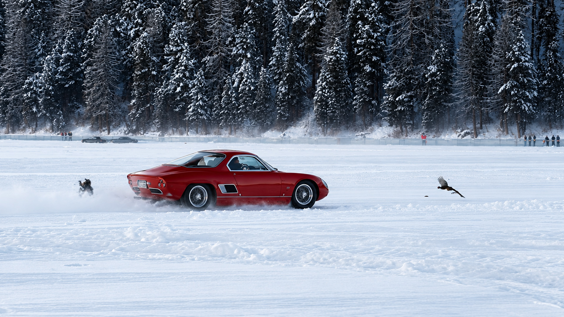 Classic 1964 ATS 2500 GTS drifts on a snowy track