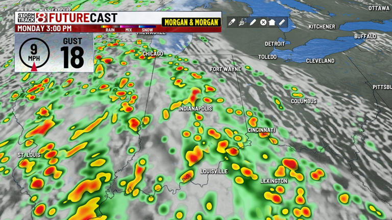 More widespread rain & storms Monday, warm & muggy a week long