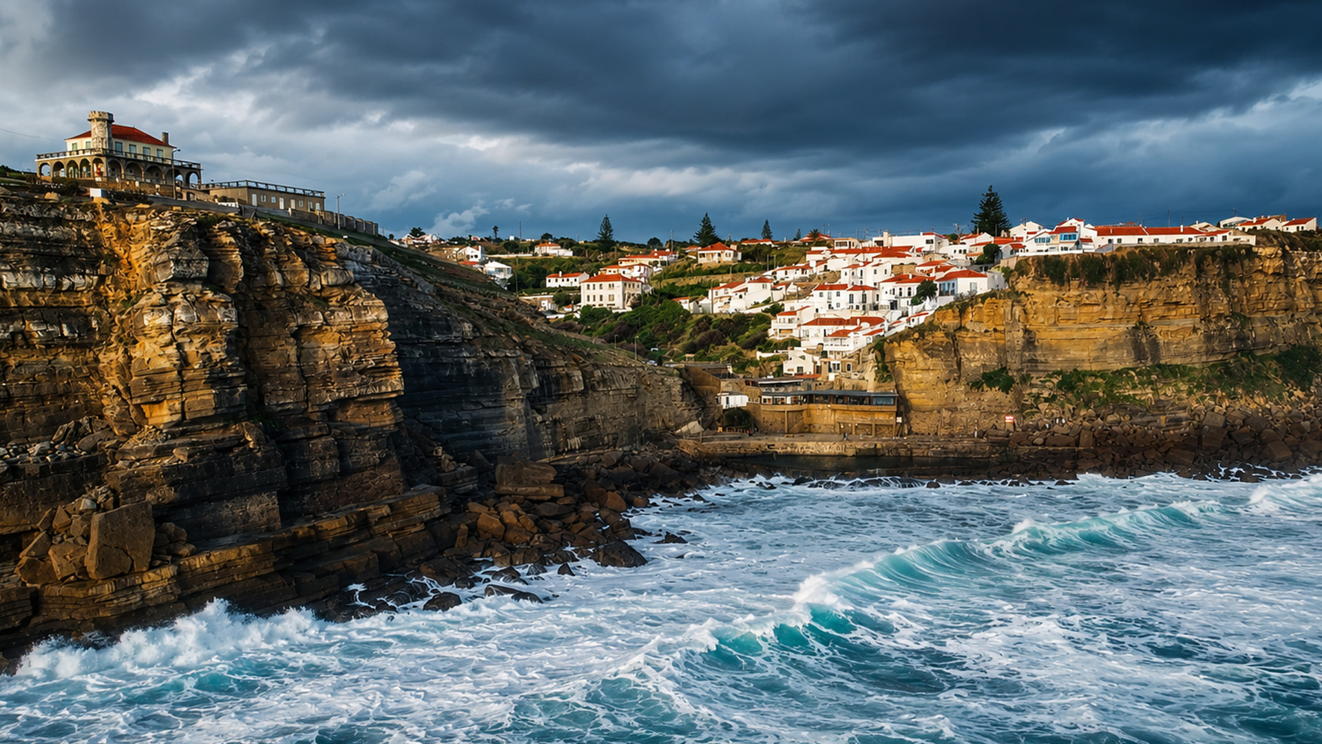 Why was this village built above rough seas?