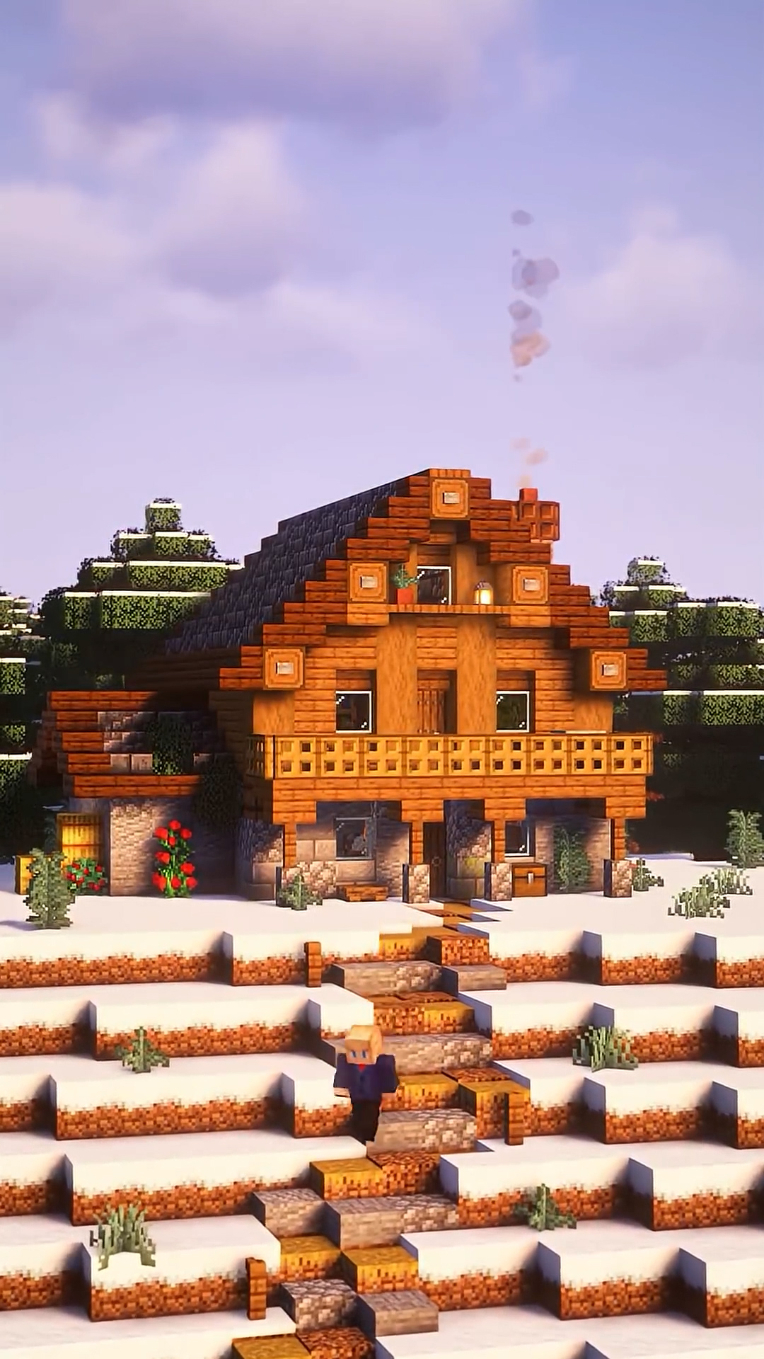 Detailed wooden cabin house for a snowy Minecraft home