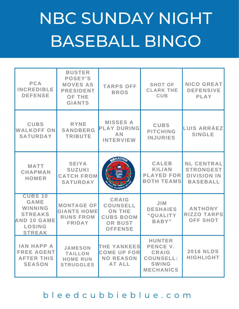 Cubs vs. Giants NBC Sunday Night Baseball bingo: Can the Cubs win a ...