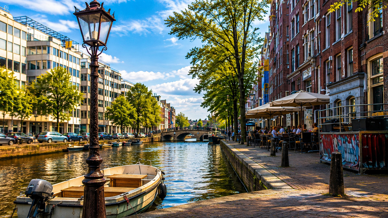 Amsterdam canal walk with boats and cafe terraces
