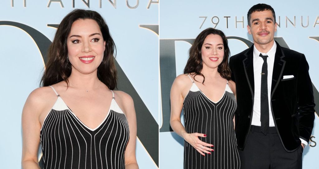 Aubrey Plaza makes Chanel Coco Beach maternity black tie at 2026 Tonys