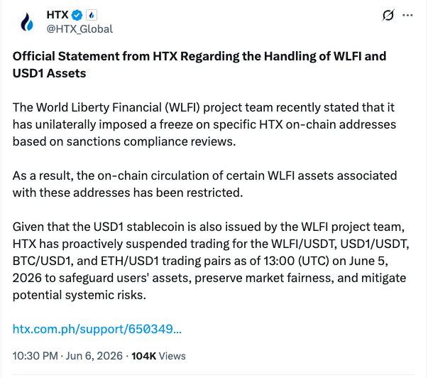 Justin Sun’s HTX delists Trump family’s USD1 amid freeze fight
