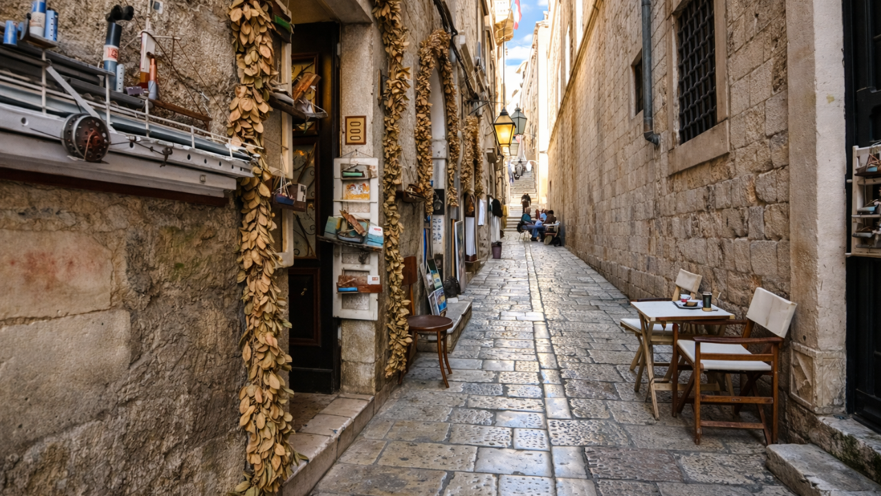 Wandelen door de historische stenen straten van Dubrovnik (4K)
