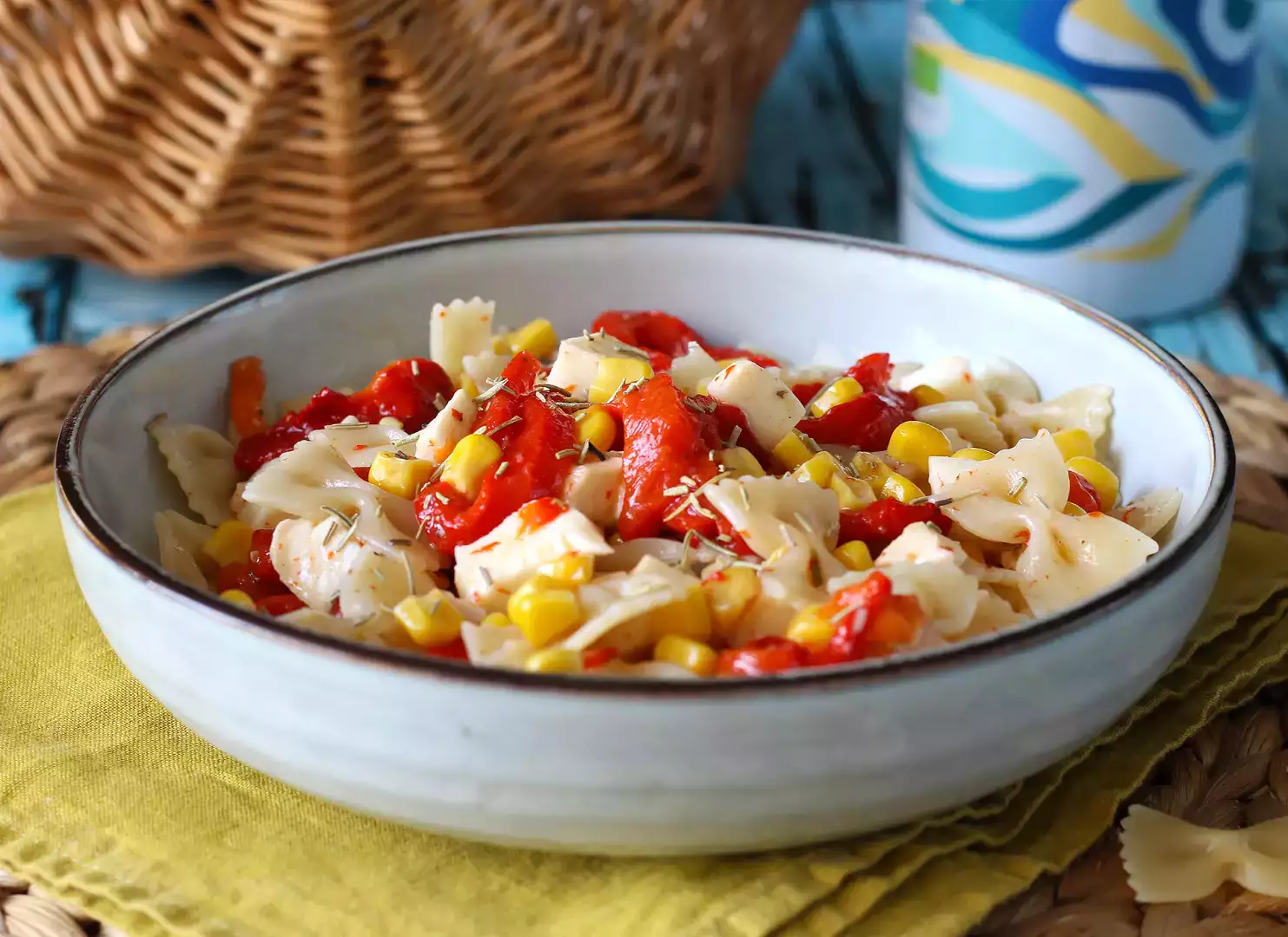 Cold pasta with peppers, corn and mozzarella cheese