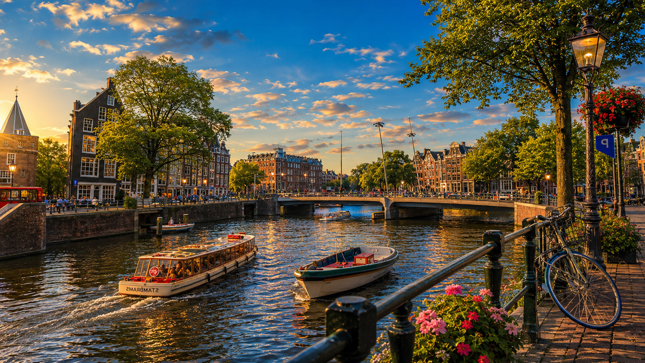 Amsterdam Centrum al tramonto con barche e canali dorati