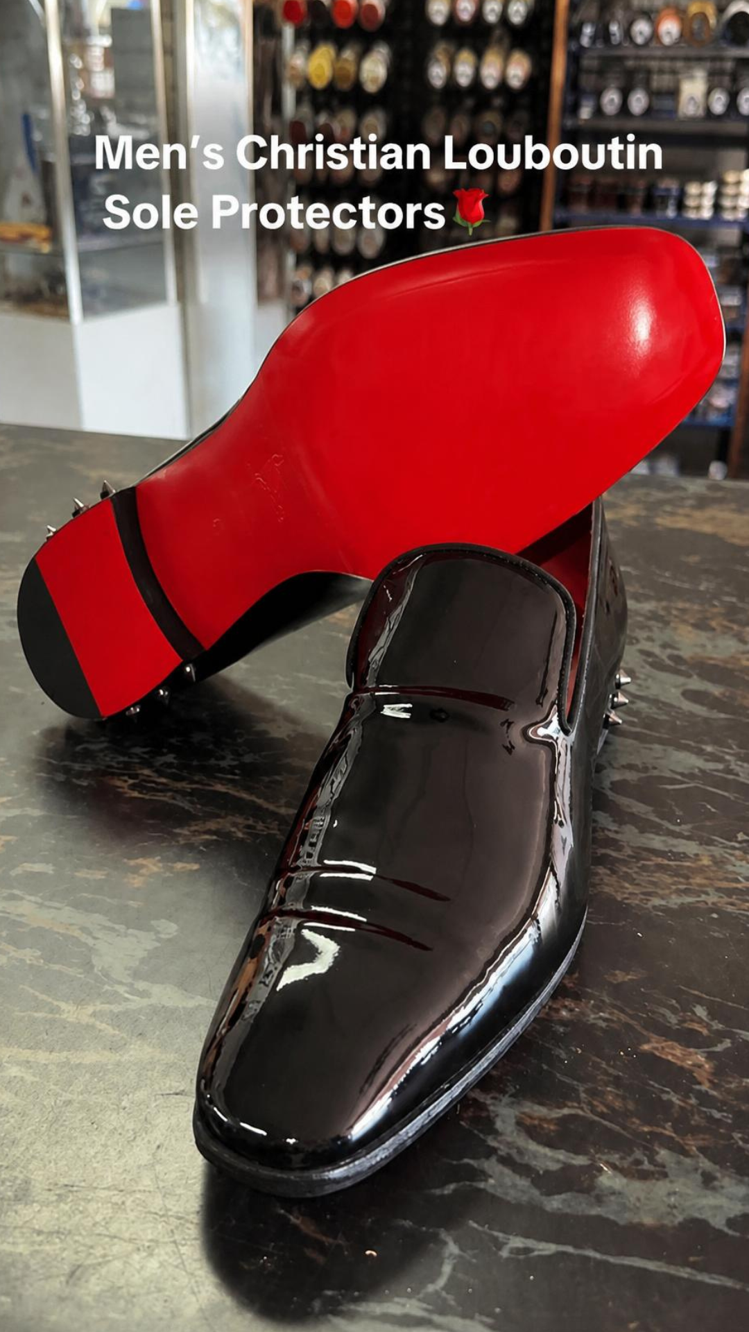 Red bottom shoe transformation with non-slip sole protectors