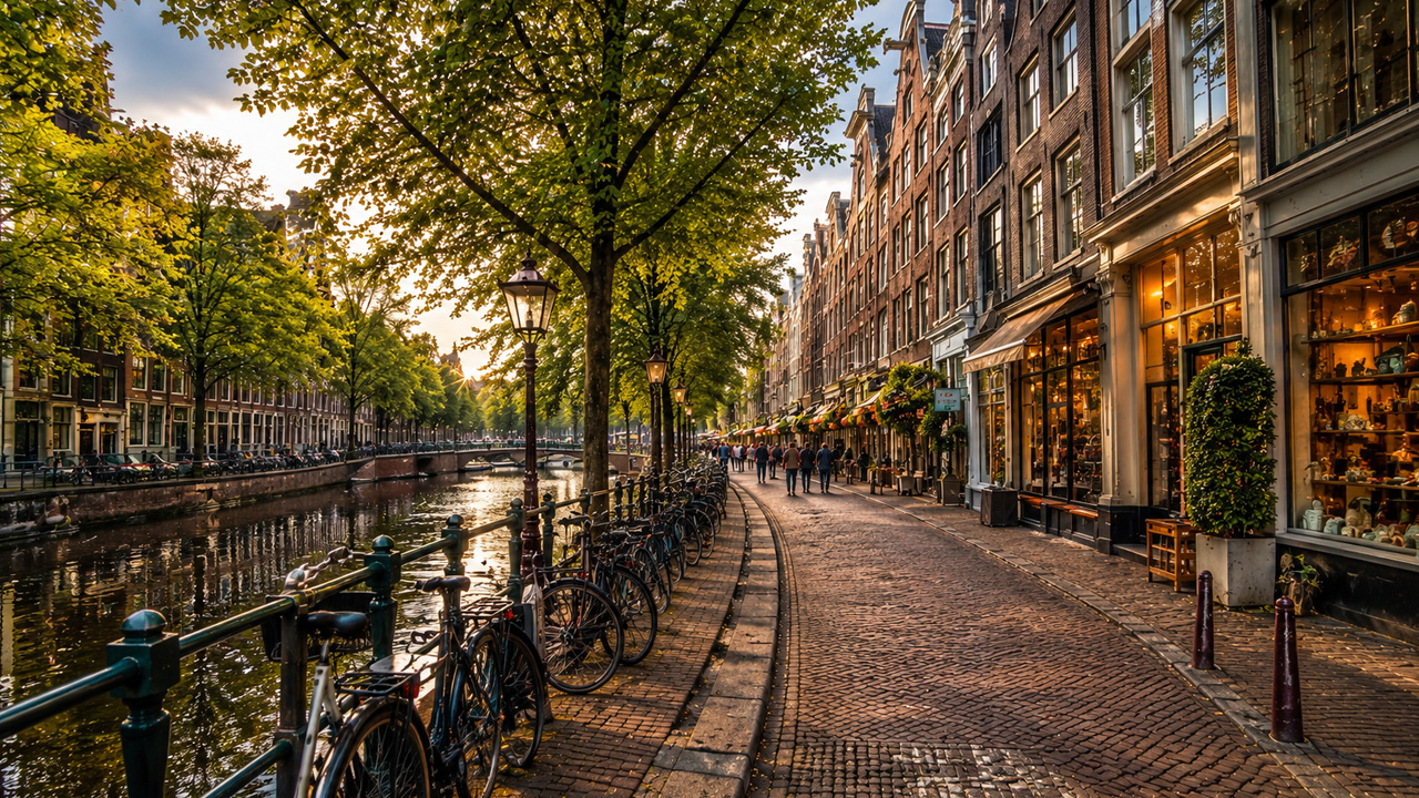 Amsterdamse grachtwandeling in het gouden uur met gezellige etalages