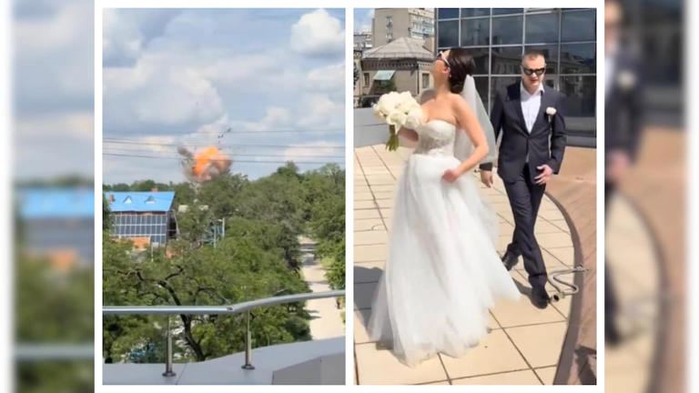 Drone crash in background, Ukrainian couple continues wedding photoshoot