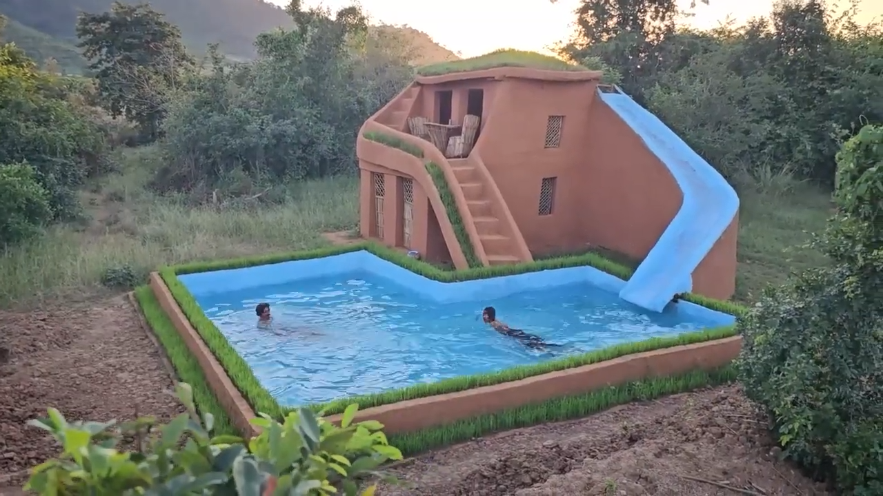 Watch how they built a roof farm - then added a waterslide to a pool