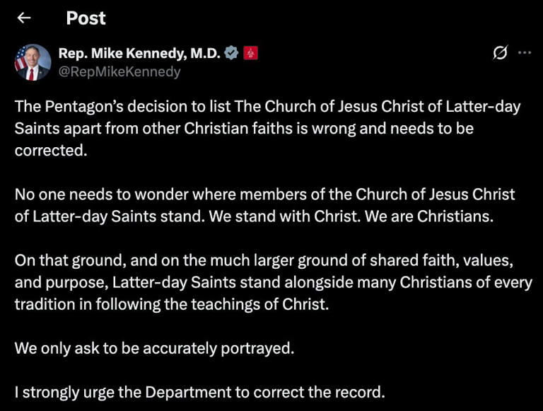 GOP lawmakers protest Pentagon’s removal of Mormonism from religion list