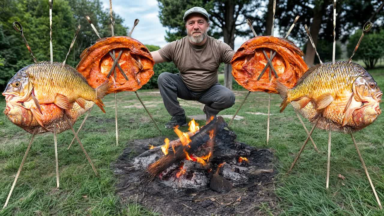 Traditional village fish cooked over open flames