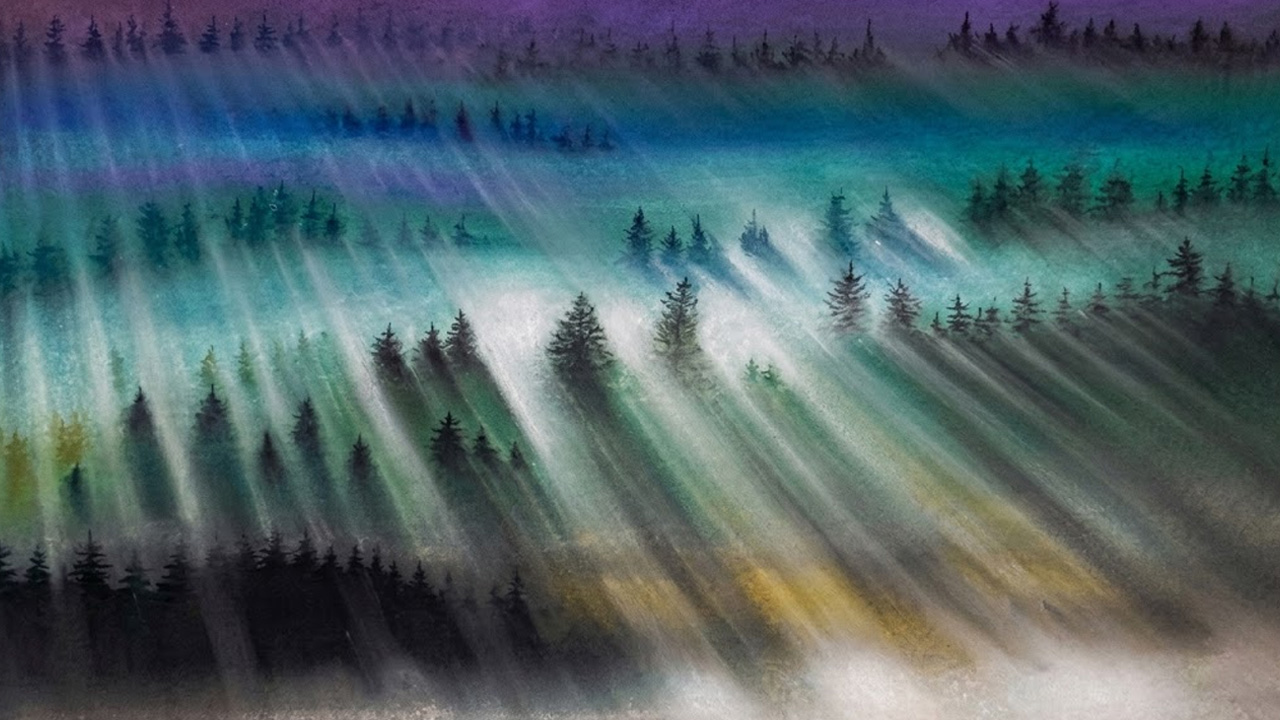 Easy pine forest sunrise painting | Soft pastel atmospheric art tutorial