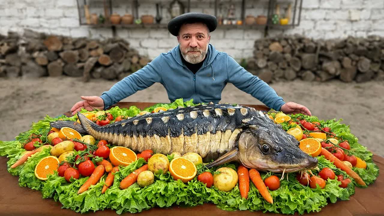 A giant sturgeon feast cooked the old-fashioned way