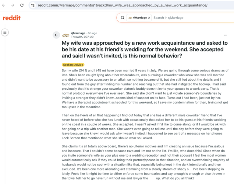His wife agreed to be her male coworker's plus-one at a wedding and ...