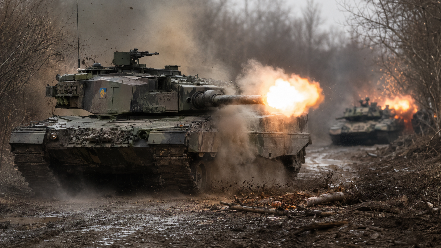 Leopard 2 ambushes Russian column as T-72 turns and falls