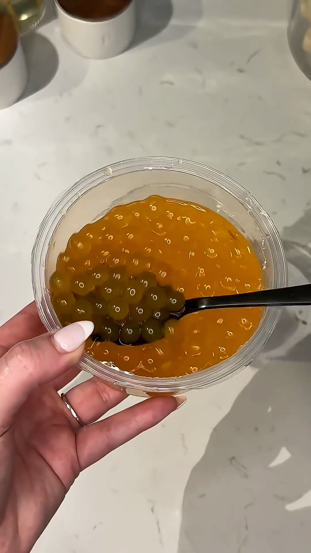 Mango and pineapple blended with chewy boba for a tropical mocktail