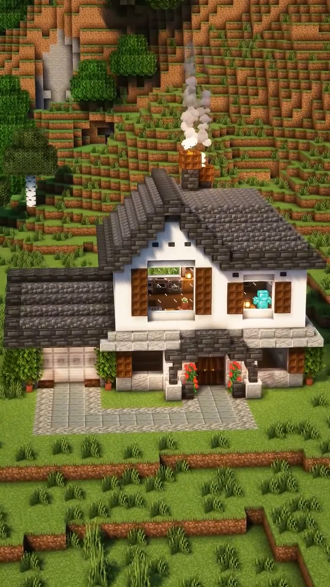 Detailed Minecraft suburban base with garage chimney and garden