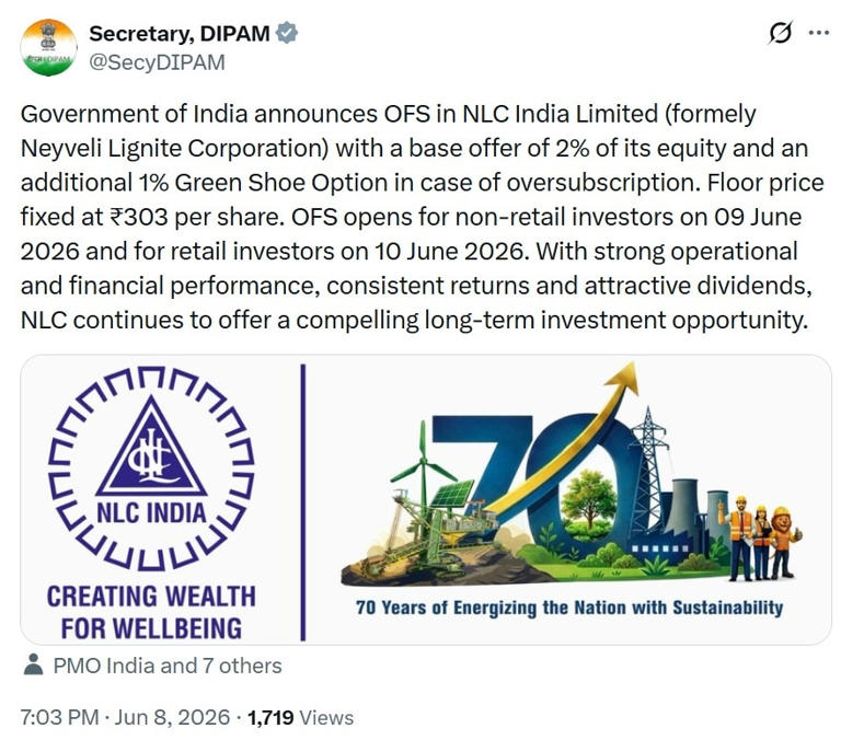 Centre to offload up to 3% stake in NLC India. Retail investors can bid ...