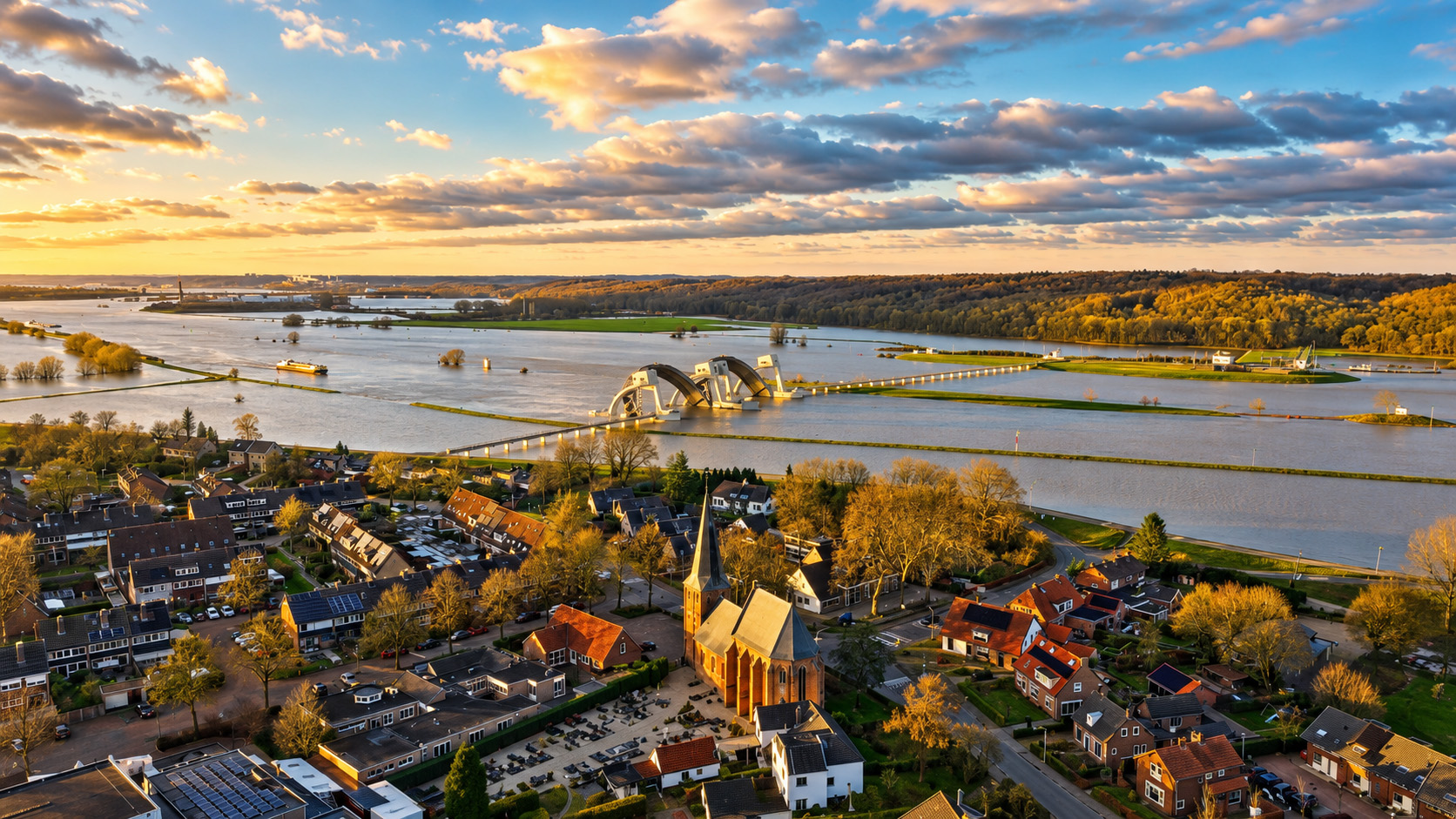 A riverside town overlooking a vast floodplain shaped by the river