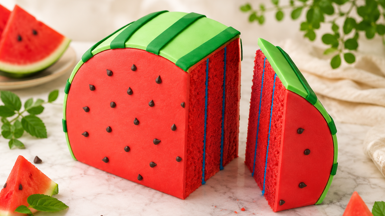 Watermelon shaped cake with red layers