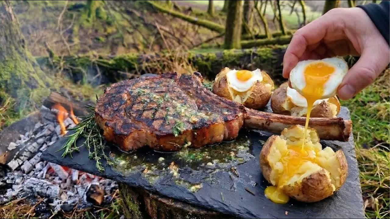 Watch how garlic butter tomahawk steak turns into a forest feast