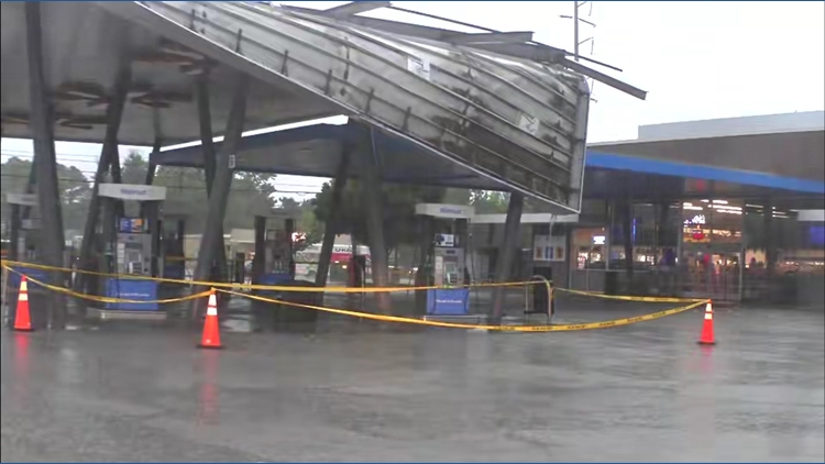 Walmart gas station awning partially collapses during thunderstorm in ...
