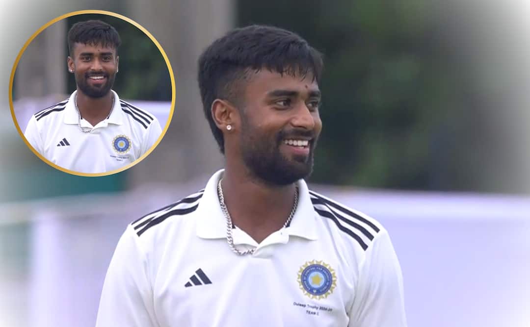 Manav Suthar reacts after winning player of the match on test debut