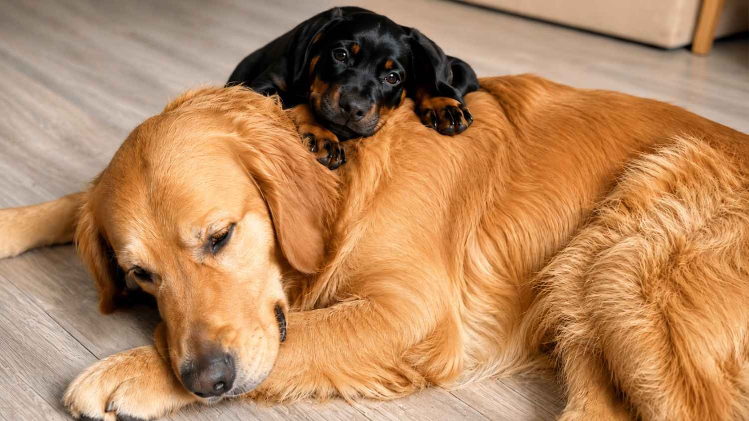 Adorable puppy will not stop cuddling our golden retriever
