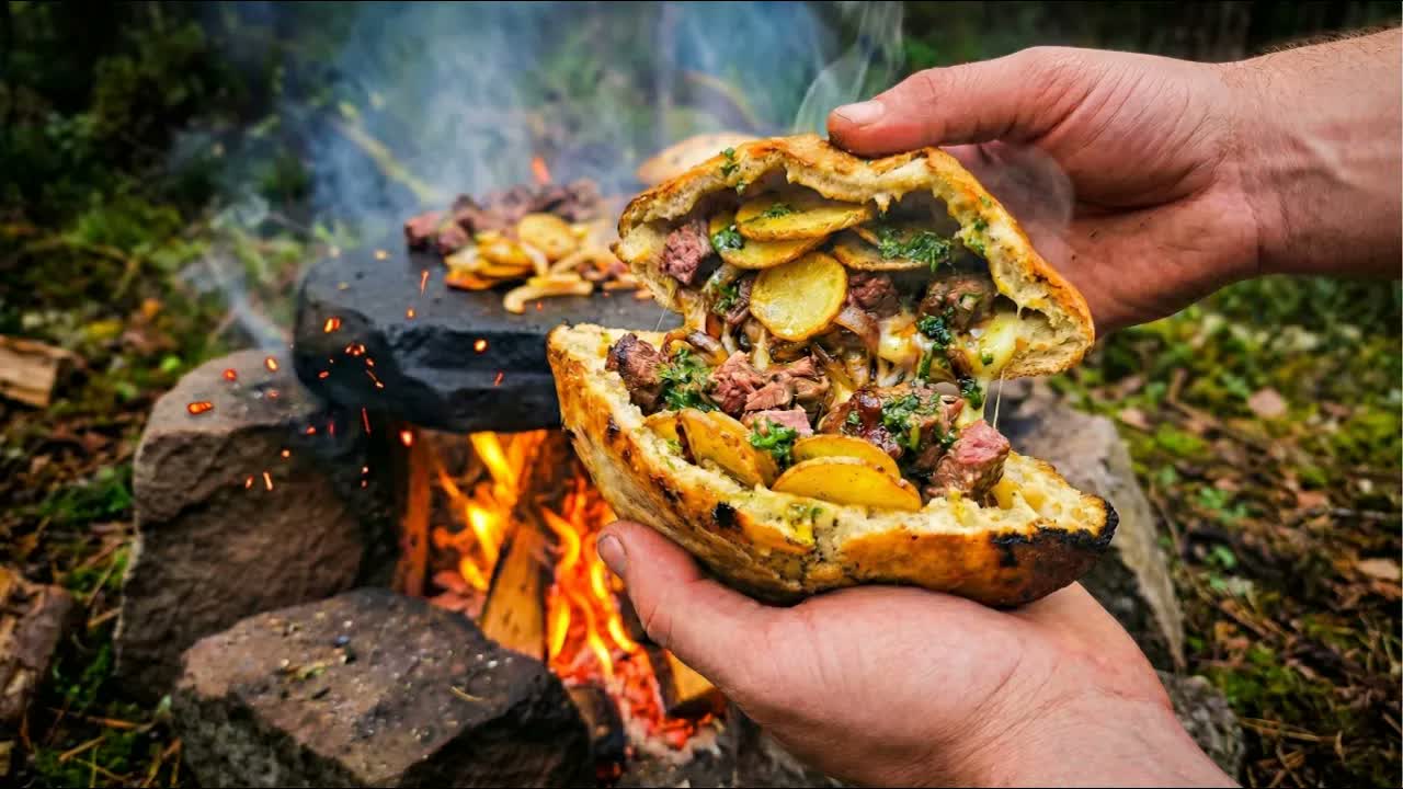 Watch how giant skirt steak and cheese bread cook in campfire ashes