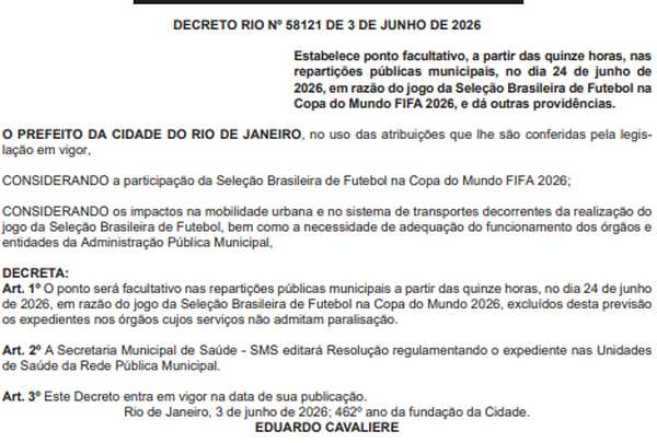 Rio terá ponto facultativo no dia 24 de junho por causa de Copa do Mundo