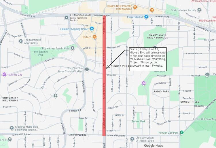 Portion of Midvale Blvd to drop to one lane each direction beginning Friday