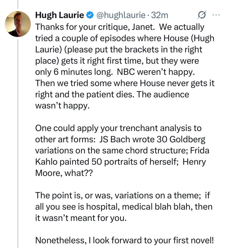 Hugh Laurie schools journalist on 'House' plot points in viral X exchange