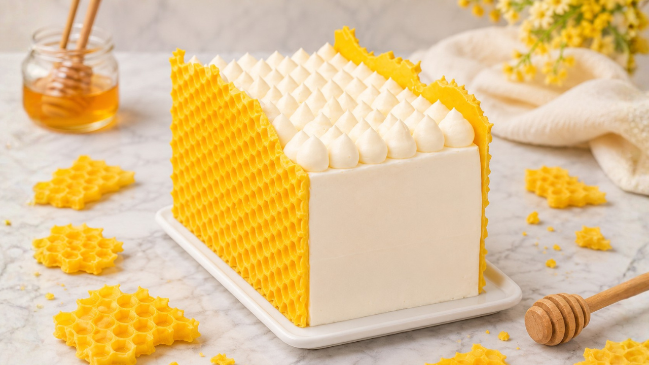 Honeycomb inspired cake with cream frosting