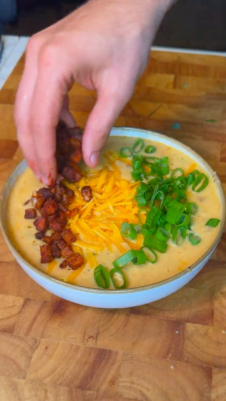 Creamy potato soup with crispy skins and tofu bacon
