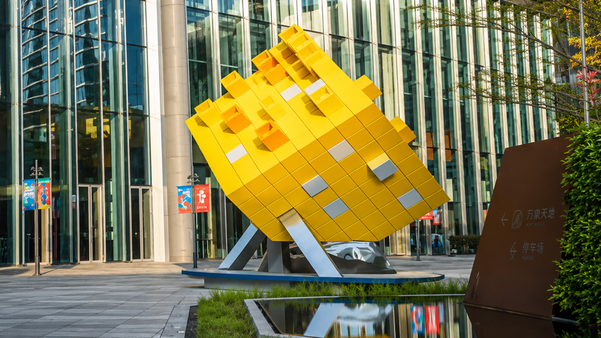 A pixel-like yellow sculpture brightens China’s modern glass district