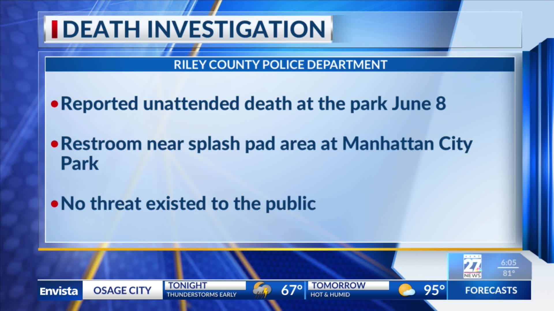 Police find one person dead inside bathroom at Manhattan City Park