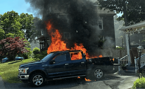 Construction pickup truck catches fire in Attleboro