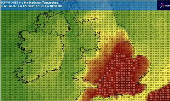 UK weather maps show 34C heat surge in June - 14 counties above 30C
