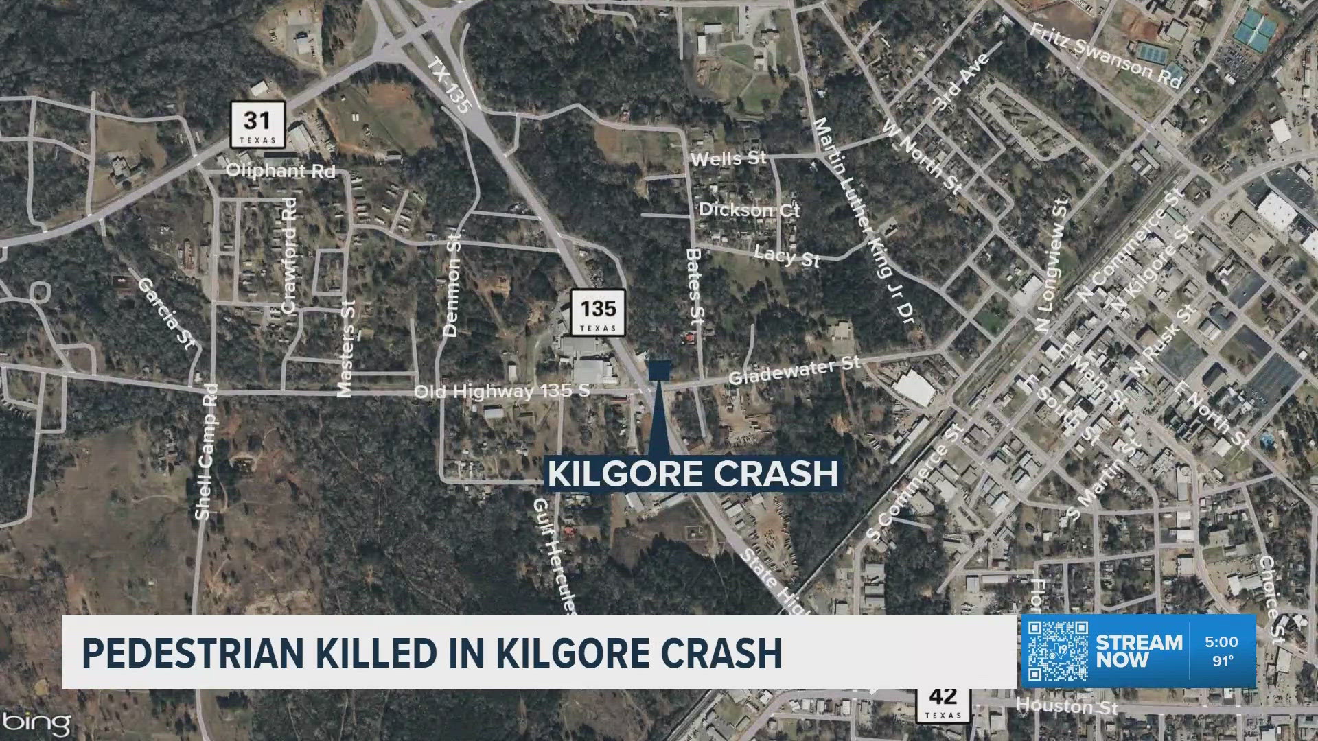 Pedestrian killed in Kilgore crash after pickup leaves roadway