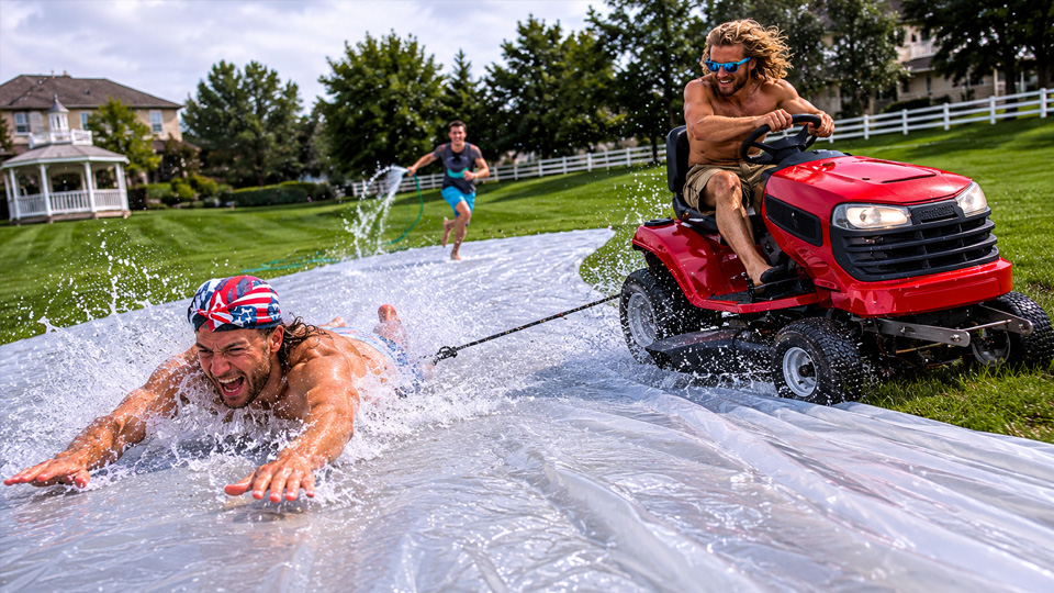 Lawn mower powered slip N slide creates total chaos