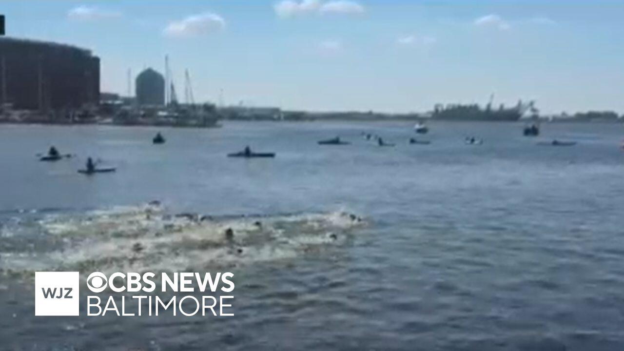 Katie Pumphrey and dozens of swimmers swim a mile in Baltimore's harbor