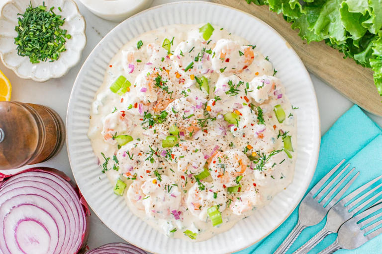 Creamy shrimp salad with poached shrimp