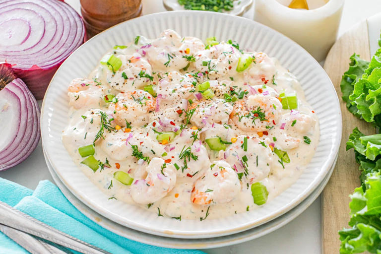 Creamy shrimp salad with poached shrimp