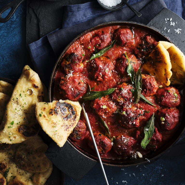 Braised pork and cavolo nero meatballs with roast garlic butter pizza ...