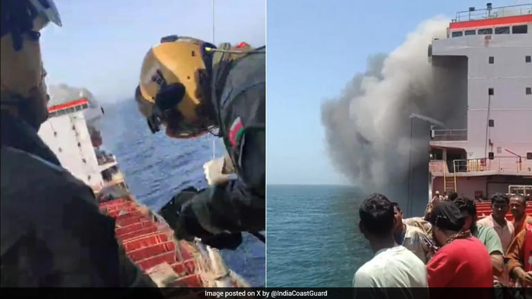 Video: Helicopter rescue for 24 Indians from ship hit by missile near Oman